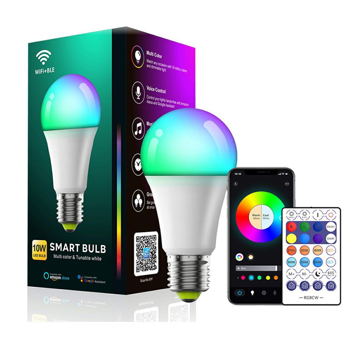 2 Pcs Dimmable WiFi Wireless E26 Smart LED Light Bulbs RGB CCT ...